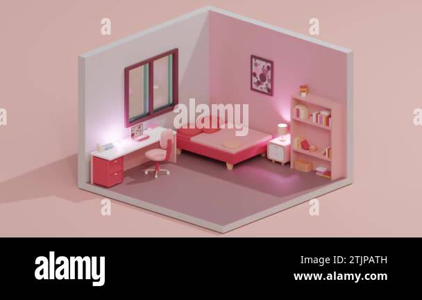 3D animation loop low poly of contemporary bedroom with big bed ...