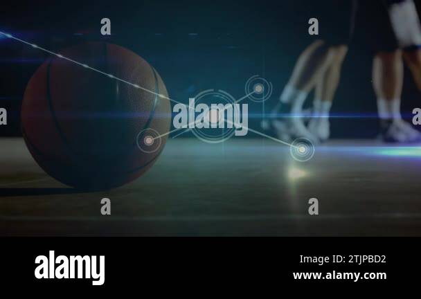 Animation of connected dots and basketball on floor over diverse ...