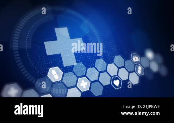Hexagon medical icons on blue animated scientific background. Cross ...