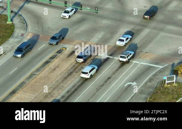 View from above of wide multilane road with driving vehicles at ...