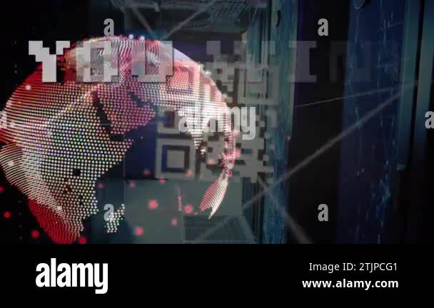 Animation of you win text, qr codes over globe and connected dots against abstract background ...