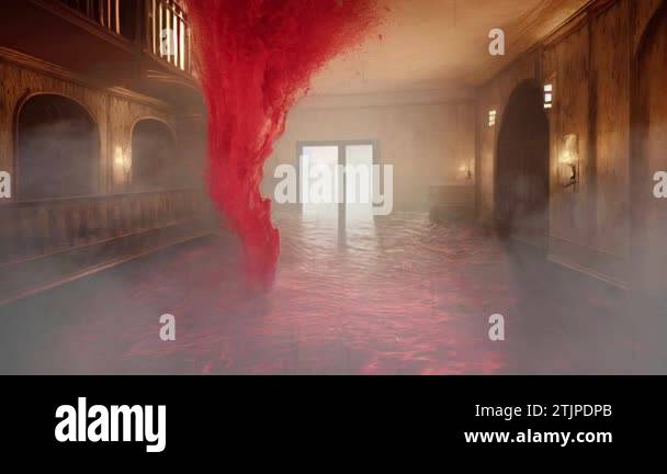 indoor of a terrifying haunted hotel of horrors with rivers of blood ...
