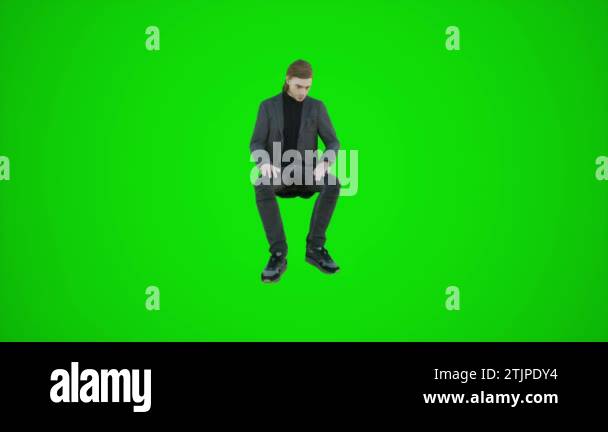 3D animation of a male director sitting on a green screen, looking ...
