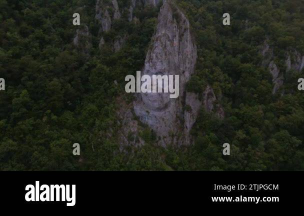 Aerial video of the statue of Decebal, located on the gorges of Danube ...