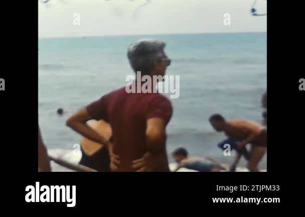 Lavinio , italy june 1960: people on the beach with a view of the sea ...