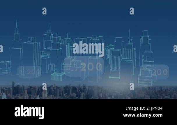 Animation of 3d model of city over numbers and thumbs up icon in ...