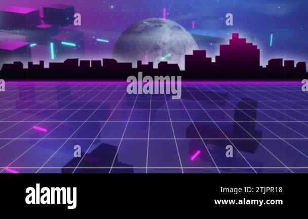 Animation of video game metaverse over purple background. Global video game, communication ...