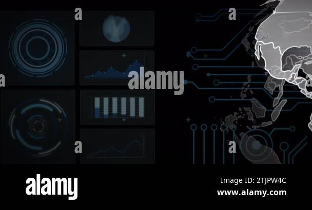 Animation of spinning globe over round scanners, microprocessor connections and data processing ...