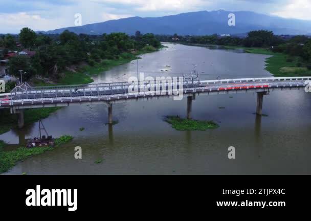 Repair of a concrete bridge across a river in the countryside. Repair ...
