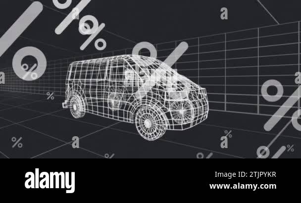 Animation of multiple percentage symbols over 3d van model moving in ...