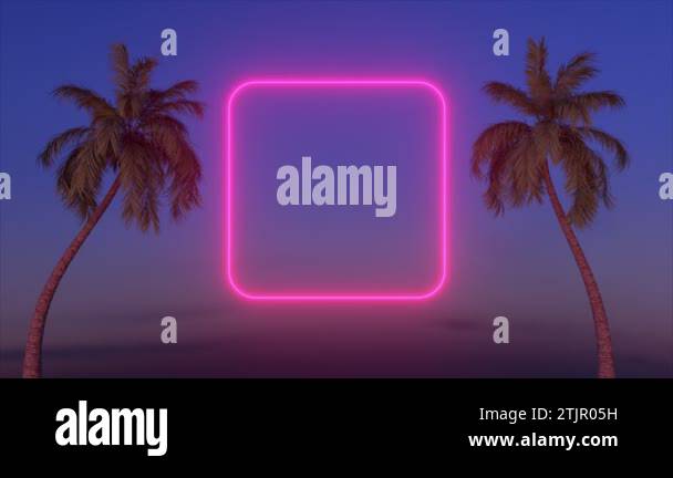 Neon glowing rectangle frame appears between two palm trees. 3D CGI ...