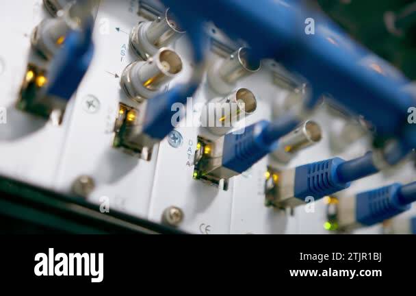 a bunch of patch network cables sorted in a rack cabinet leading from a ...