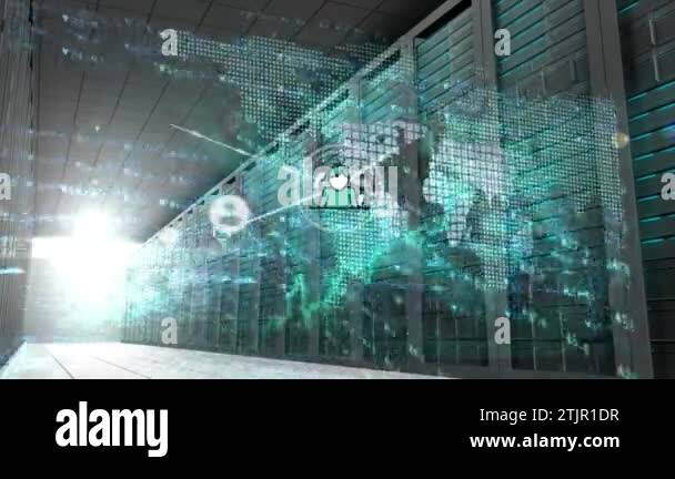 Animation of connected icons, lens flare, numbers and map over server room in background ...