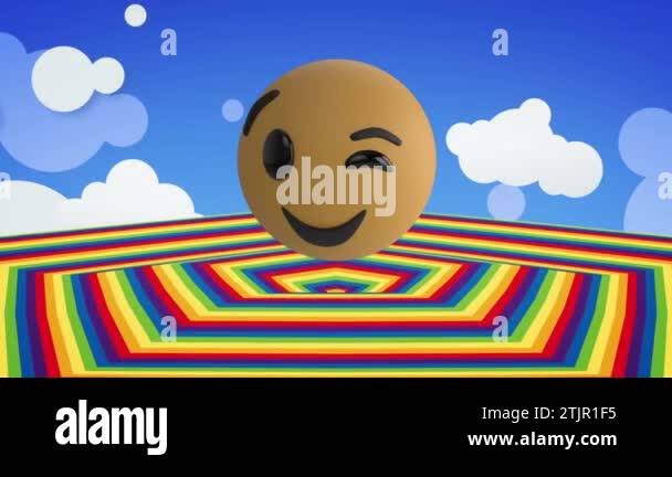 Animation of social media winking emoji icon over rainbow shape. Global ...