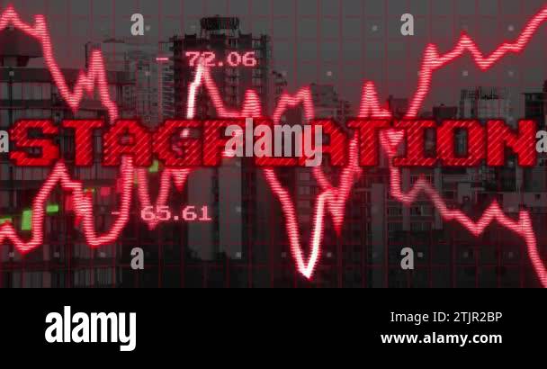 Animation Of Stagflation Text In Red With Graph And Charts Processing Data Over Cityscape