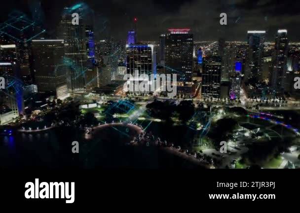 Miami United States. Aerial cyber city cityscape of smart city with ...