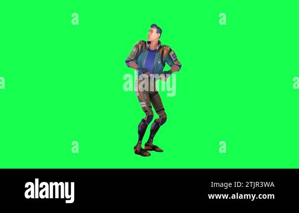 3D animated man talking looking behind him from left angle on green ...