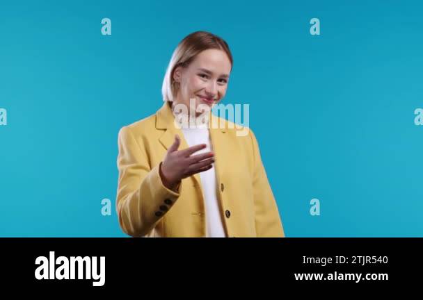 Young woman calling - Hey you, come here. Lady asks join her, beckons ...