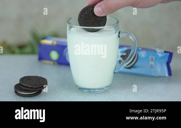 Milk with cookies. Chocolate chip cookies float in milk. Oreo with milk ...