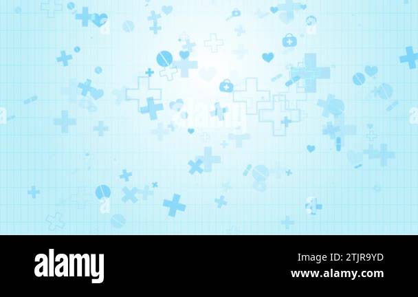 Abstract medical animation with hospital symbols falling down. Blue ...