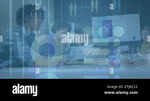 Animation of circles, human representations, abstract background on diverse coworkers sharing ...