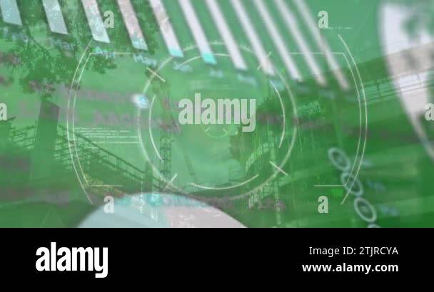 Animation Of Circles Globe Computer Language Bars Low Angle View Of