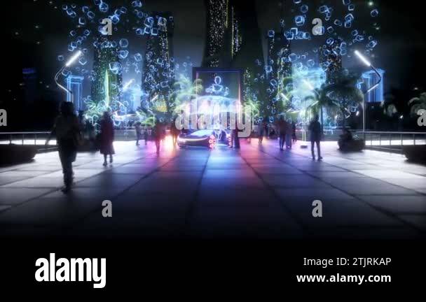 Futuristic night city with 3d peoples and robots. Future concept ...