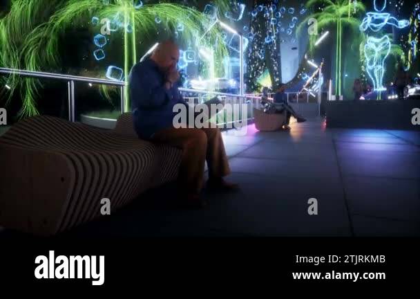 Futuristic night city with 3d peoples and robots. Future concept ...