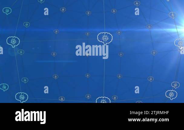 Animation of ai text in connected brain icons over lens flares against ...