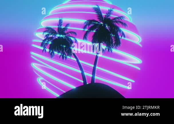 Retro 80s synthwave palm trees and sun. VJ loop. Rendered with VHS ...