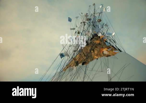 Seamless looping abstract animation of a disintegrating pyramid shell ...