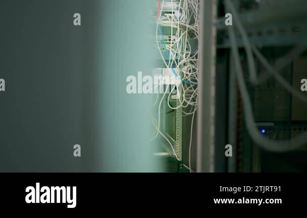 a bunch of patch network cables sorted in a rack cabinet leading from a ...