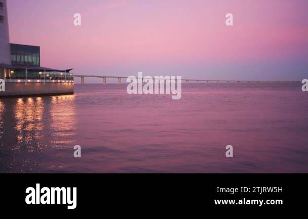 Vasco da Gama bridge static shoot during sunset and ebb-tide in Lisbon ...