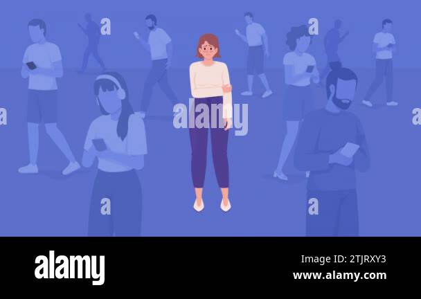 Animated alone in crowd illustration. Social anxiety in public. Feeling ...