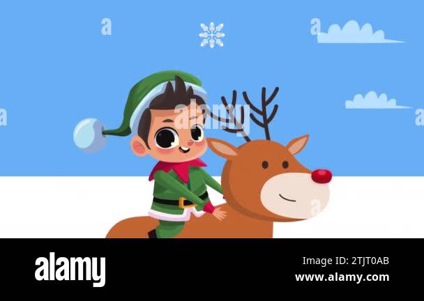 little elf celebrating with deer animation ,4k video animated Stock ...