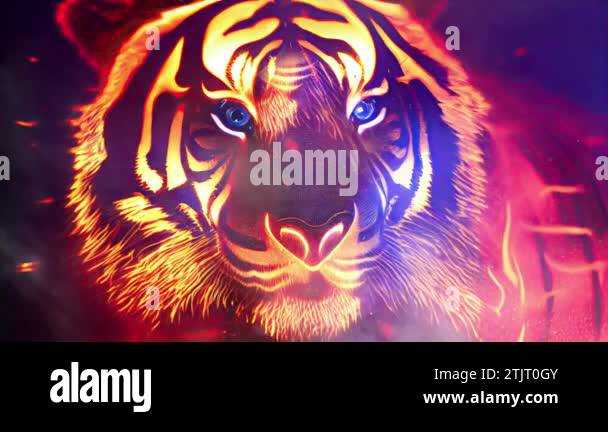 Head of a fire tiger made of glowing embers. Close-up isolated on black ...