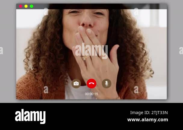 Video call, kiss and woman with love and a happy smile after talking ...