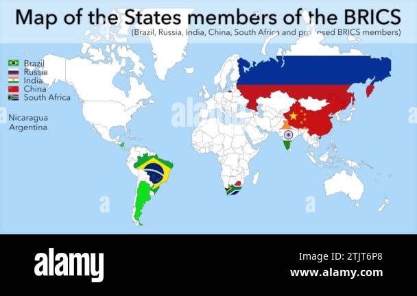 Animated map of the States members of the BRICS, Brazil, Russia, India ...