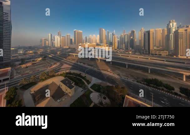 Dubai Marina skyscrapers and Sheikh Zayed road with metro railway ...