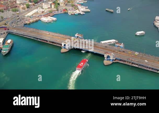 Aerial drone view of Istanbul, Turkey. Galata and Metro bridges with ...