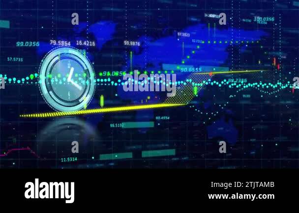 Animation of radar and multicolored graphs with digits and map over blue background. Digitally ...