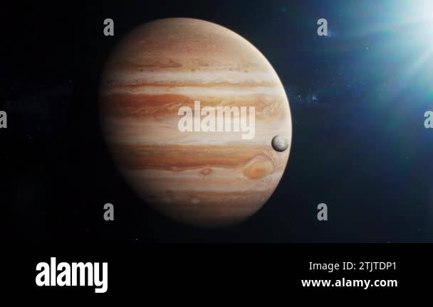 Cinematic 3D graphics of Jupiter and its moon Io, Europa, Ganymede or Callisto spinning in dark ...