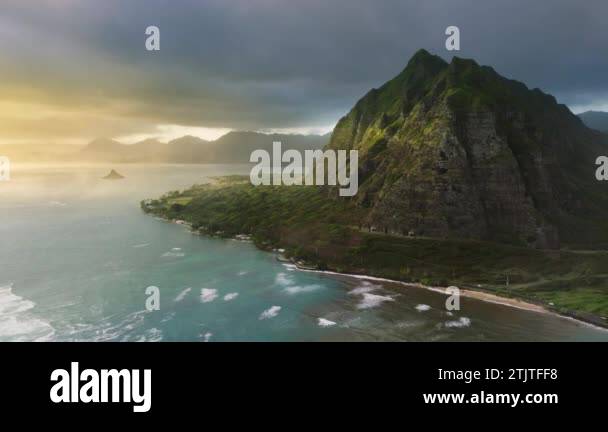 Incredible aerial view dramatic mountains blue ocean at Kualoa Ranch ...