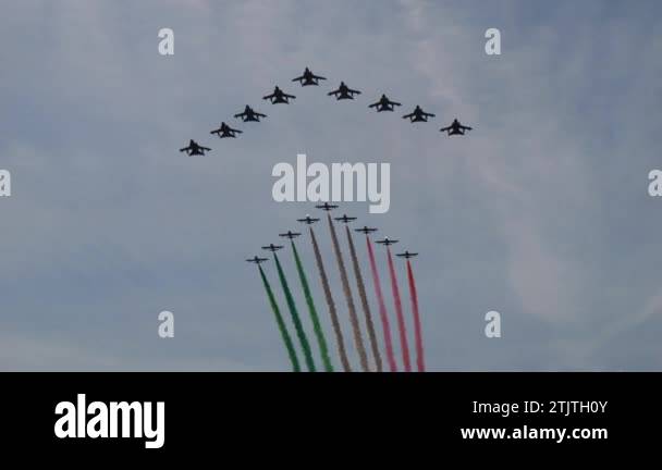 Ghedi Italy SEPTEMBER, 8, 2022 Italian flag is drawn in the sky by the ...