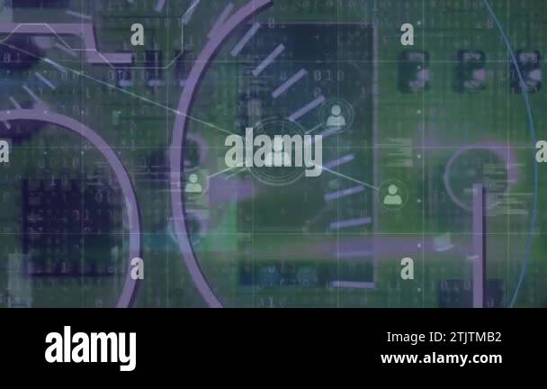 Animation of 5g text and circles over connected icons against overhead ...