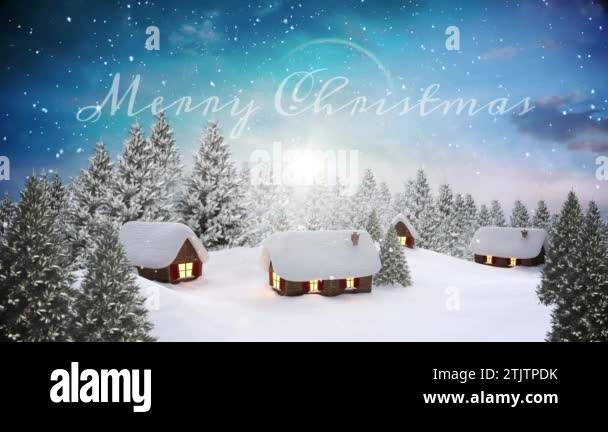 Animation of merry christmas text and snowfall over coniferous trees ...