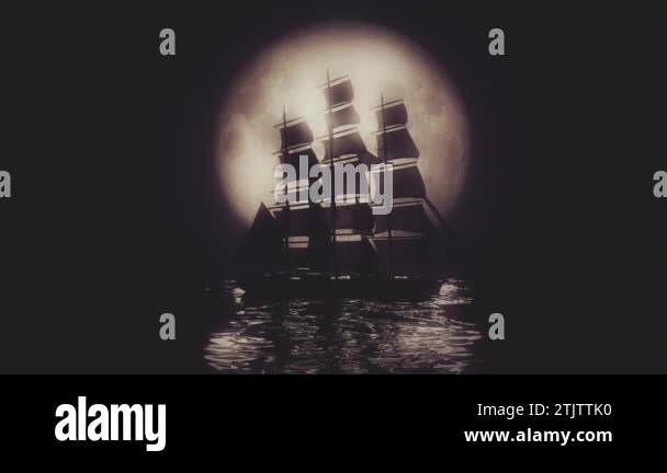 Highly stylized view of a Tall Ship illuminated by a full moon. 4K UHD ...