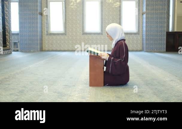 Hijabi Woman Quran Recitation, islamic worship in mosque, muslims ...