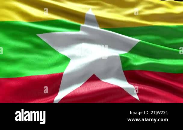 4k render Myanmar Flag video waving in wind. Myanmar Flag Wave Loop ...