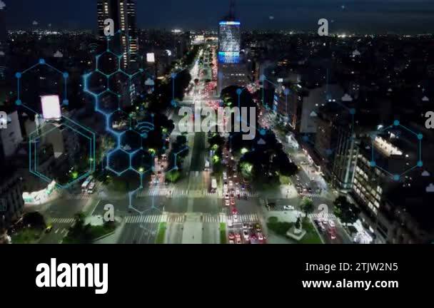 Buenos Aires Argentina. Aerial cyber city cityscape of smart city. Futuristic cyber effect ...